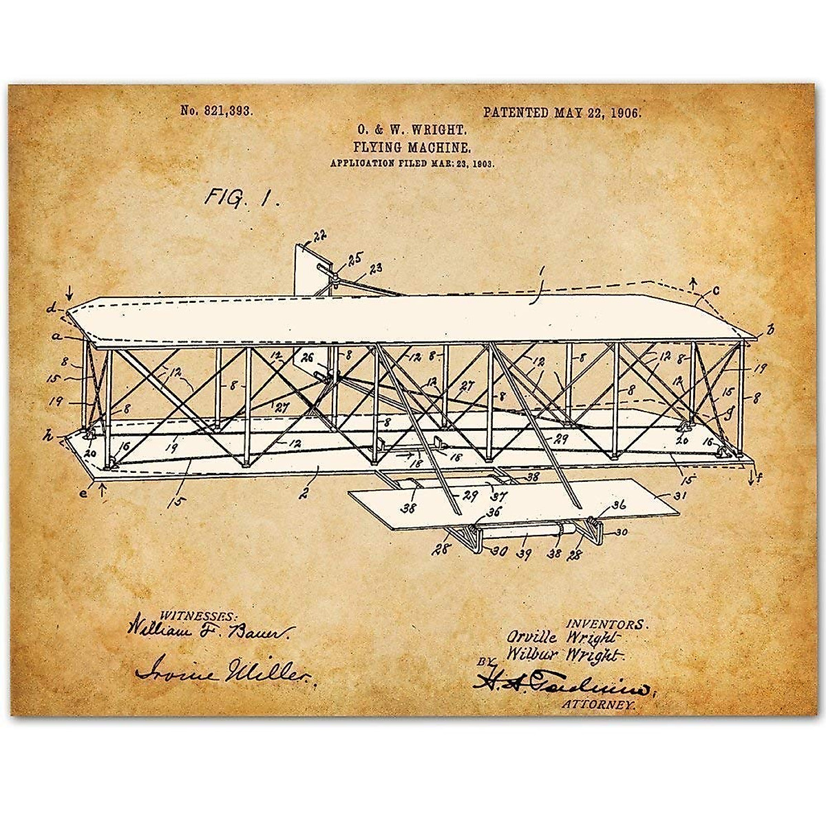 Wright Brothers Flying Machine - 11x14 Unframed Patent Print - Makes a Great Home or Man Cave Decor and Gift Under $15 for Pilots and Plane Enthusiasts
