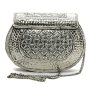 Women gift silver Brass floral design embossed Metal bag Bridal Clutch Party Purse bridal clutch evening bag, Silver
