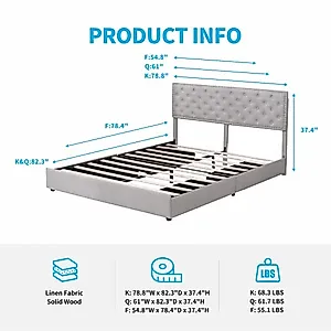 Mjkoen Bed Frame with Storage, Tufted Bed Frame with 4 Storage Drawers,King Size Upholstered Bed Frame with Adjustable Headboard for Bedroom Light Grey
