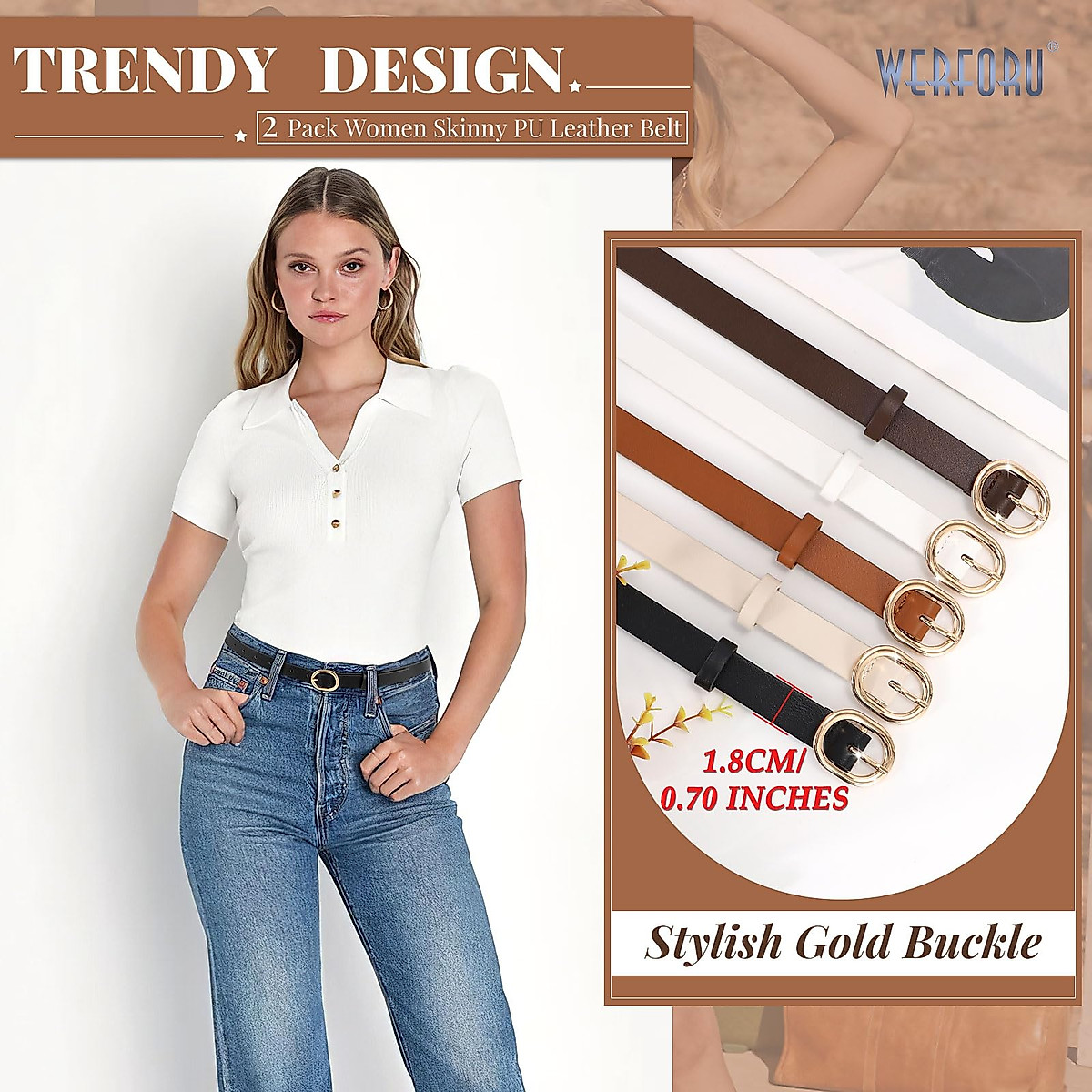 WERFORU 2 Pack Women's Skinny PU Leather Belt with Gold Buckle Ladies Thin Leather Leather Plus Size Waist Belt for Jeans Dress （Black+Brown,Fit Waist Size 31-36 Inches