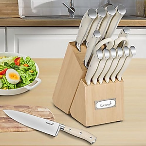 Kuisine Chef Knife Set,High Carbon Stainless Steel Ultra Sharp Blade Ergonomic Handle, Kitchen Knife Block Set with Built-in Sharpener,Elegant Gift for Holiday(Ivory Pro,15PCS)