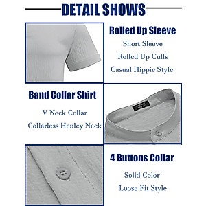 COOFANDY Men Hippie Beach T Shirts Band Collar Henley Shirt Summer Resort Wear Light Grey