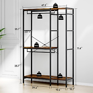ZERDER Clothes Rack, Heavy Duty Garment Rack for Clothes, Clothing Racks with Shelves and 4 Side Hooks, Freestanding Metal Wooden Closet Organizer (Rustic Brown)