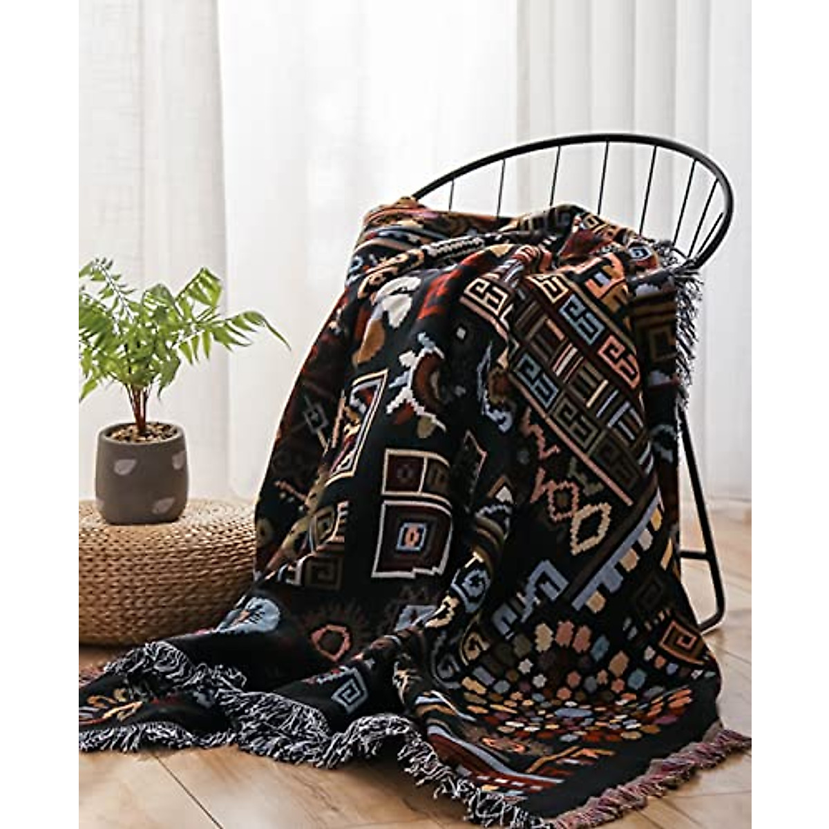 UNIGARDEN Boho Throw Blanket, Cotton Throw Blankets for Couch Soft Chair Beding Bohemian Decor (Small 51X63Inches, Black)