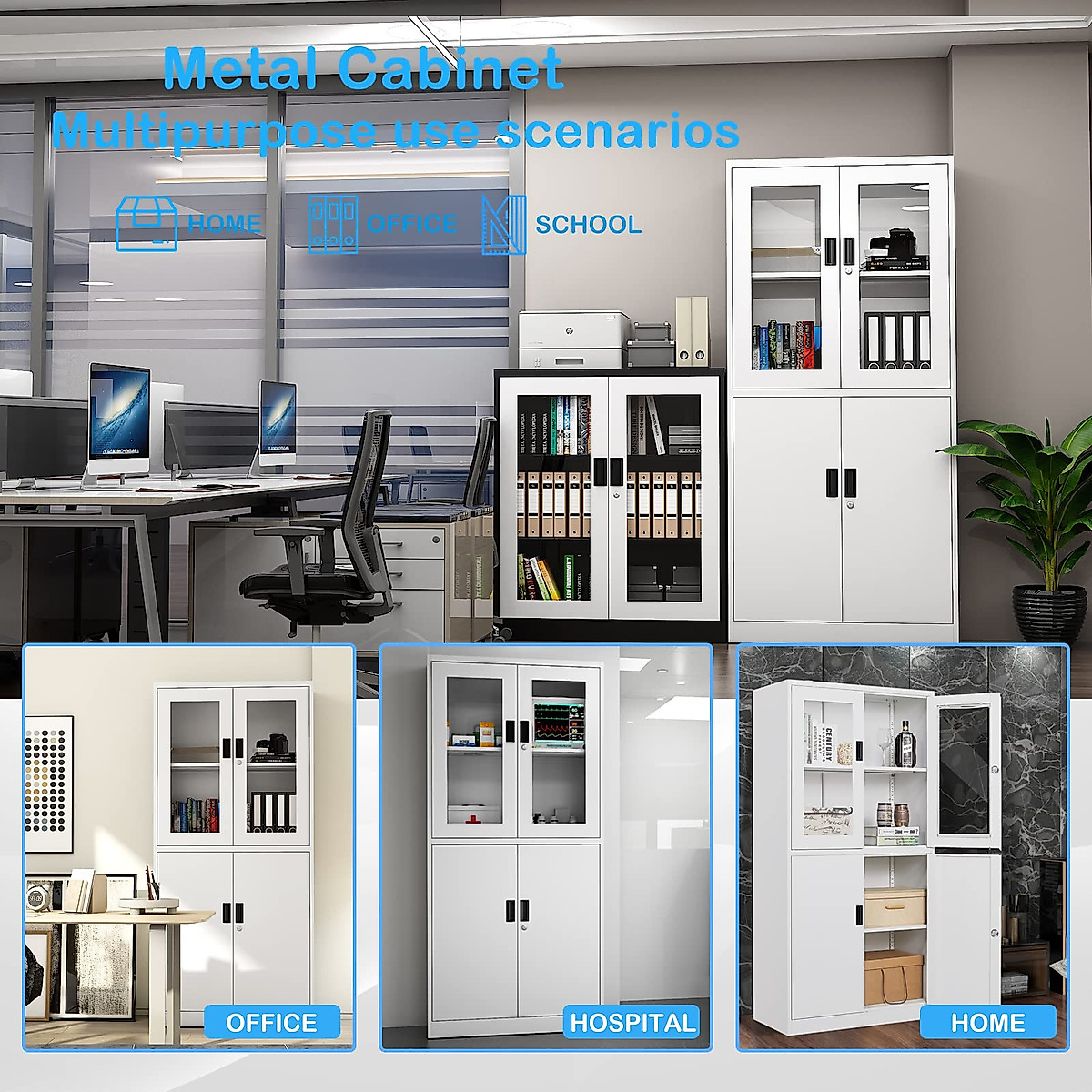 Letaya Storage Cabinet with Doors and Shelves,71" Steel Locker Acrylic Glass Door with Lock, for School Home Office