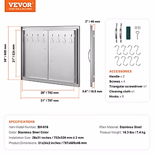 VEVOR Outdoor Kitchen Double Wall BBQ Access Door, 31W x 24H Inch Stainless Steel Flush Mount Door with Handles and Hooks for Grilling Station