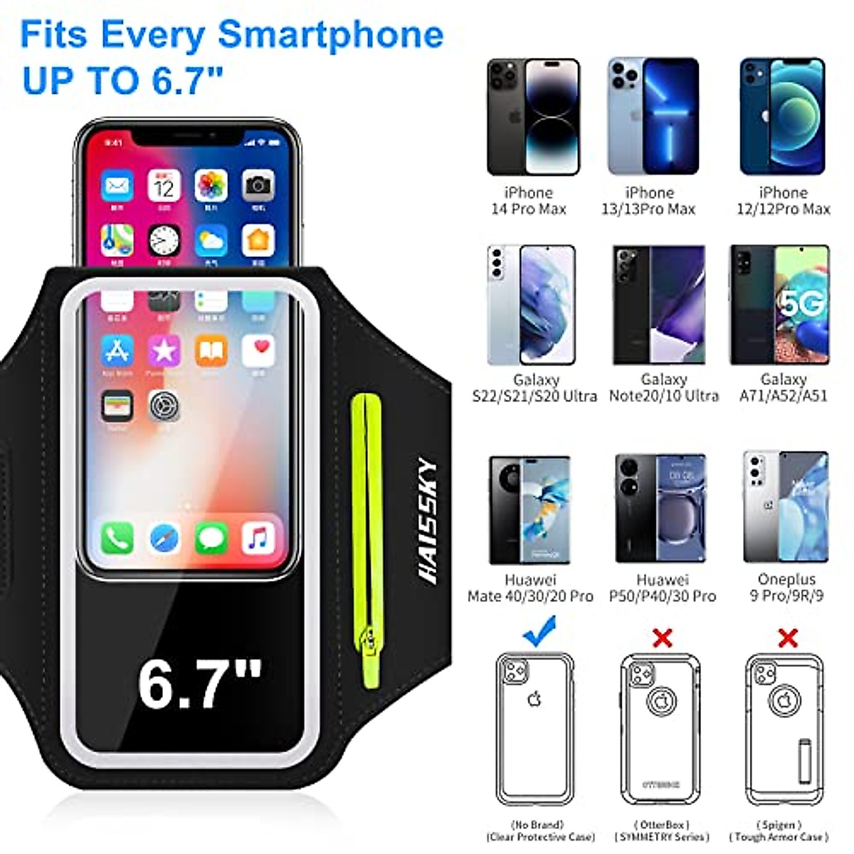 Phone Armband for Running Cell Phone Armband with Zipper Pocket for Earbuds Car Keys, Water Resistant Sport Arm Band for iPhone 14 13 12 11 Pro Galaxy S20 S30 Fit Up to 6.7'' with Phone Case