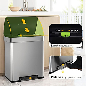 15 Gallon/56 L Kitchen Trash Can, Stainless Steel Double Trash Can with Lid, Double Barrels Garbage Can, Fingerprint-Resistant Finish, Step Trash Can with Soft Close Lid for Kitchen Bedroom Office