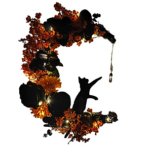 Halloween Wreaths Moon Cat Wreath with Rose, Black Halloween Wreath Garland for Front Door Window Wall Decor Cute Wreath Indoor Outdoor Wreath Decorations (One Size, B)