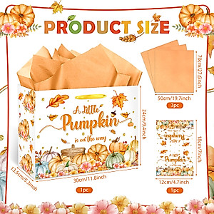 Thanksgiving Pumpkin Baby Shower Birthday Gift Bag for Baby Girls Boys A Little Pumpkin is On The Way Gift Bag with Wrapping Paper Card Fall Autumn Gift Bag for Baby Shower Party Supplies