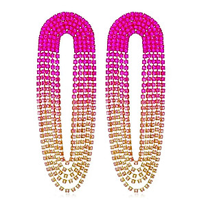 INLOLLY Pink Rhinestone Tassel Earrings for Women Sparkly Linear Fringe Crystal Dangle Earrings Long Shining Statement Dangling Chandelier Jewelry Fashion