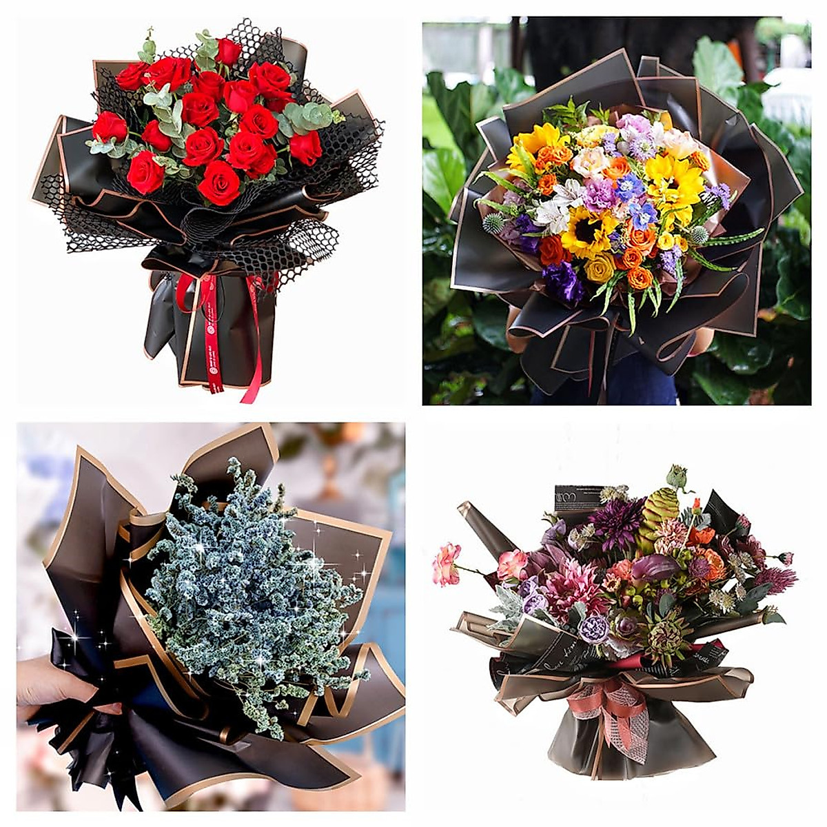 XIYUAN 20 Counts Gold Edge Fresh Flowers Wrapping Paper,DIY Crafts，Gift Packaging or Gift Box Packaging,Waterproof Flower Wrapping paper 22.8X22.8 inches Florist Bouquet Supplies,Gold Edge (Black)