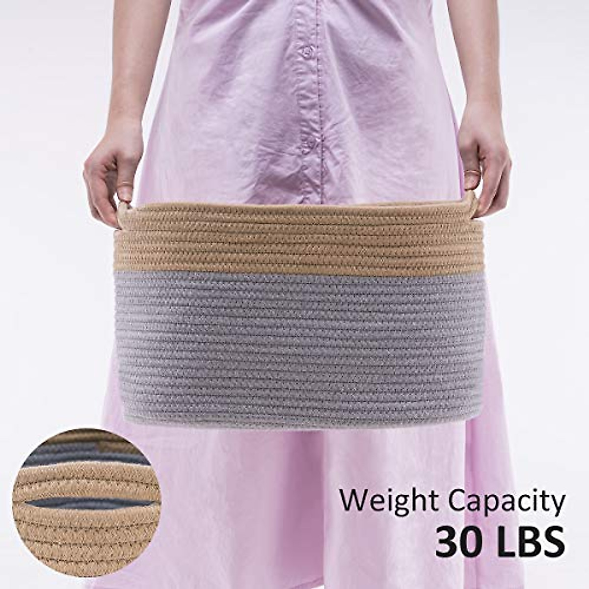 YOUDENOVA Rope Basket for Storage, Woven Storage Basket Bins, Set of 3, Nursery Basket for Toys, Throws, Makeups, Brown & Grey