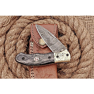 HUNTEX Custom Handmade Hand-Forged Twist Pattern Damascus Steel 4 Inch Long Pakka Wood Handle Razor Sharp Hunting Camping Folding Pocket Drop Point Knife with Genuine Leather Pouch