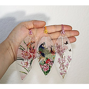 Lucore Home Leaf Bookmarks - Peacocks and Pink Flowers Asian Painting Lucky Charm, Ornament, Hanging & Wall Decor, Art Decoration - 3 Pcs, Made of Real Leaves