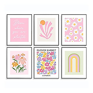 Set of 6 Wall Art Poster for Room Decor Aesthetic Botanical Prints Minimalist Boho Wall Decor Flower Market Poster Prints for Bedroom Wall Decor Pink Floral Daisy Wall Art Prints 8 x10in (Pink)
