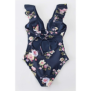 CUPSHE Women's One Piece Swimsuit Ruffle V Neck Lace Up Bathing Suit, M Navy Floral