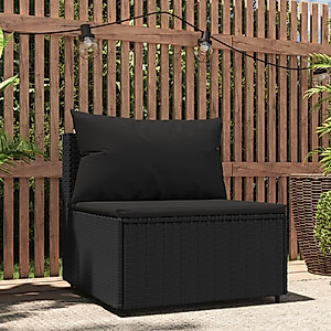 vidaXL Patio Middle Sofa with Cushions, Weather-Resistant Black Poly Rattan Material, Flexible Modular Design, Comfortable Outdoor Seating Solution, Complete with Installation Manual