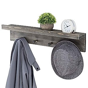 MyGift Wall-Mounted Gray Wood 24-Inch Hanging Shelf with 4 Peg Hooks