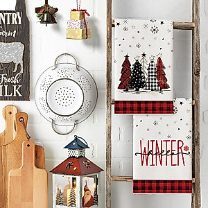 Artoid Mode Red Black Buffalo Plaid Snowman Xmas Trees Christmas Kitchen Towels Dish Towels, 18x26 Inch Daily Seasonal Winter Decoration Hand Towels Set of 4