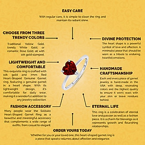 Takar 10K Garnet Gold Ring For Women, 7mm Solitaire Heart-Shaped Garnet Ring, Red Gemstone Statement Ring, January Birthstone Rings, Birthday Gold Jewelry In Rose White and Yellow Gold