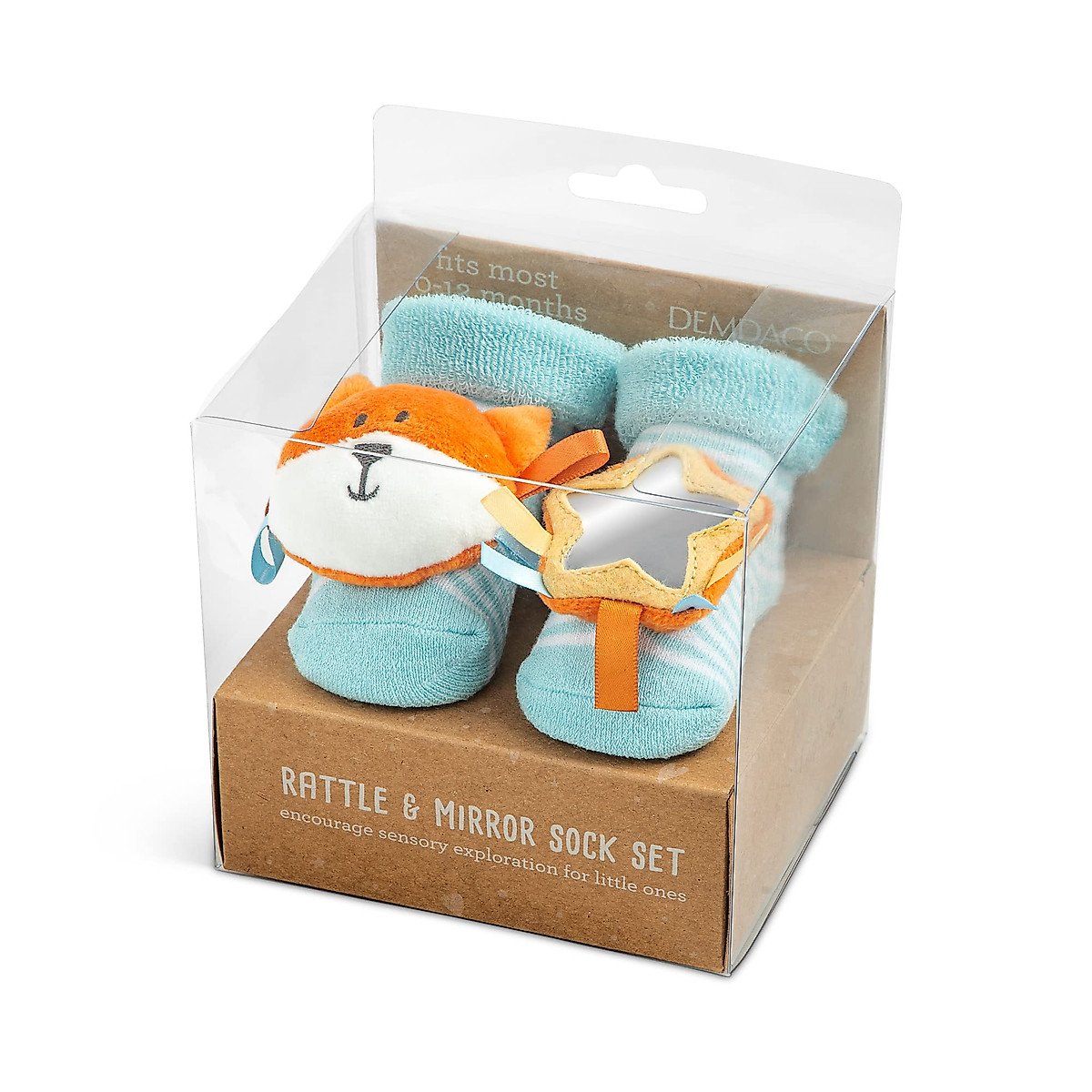DEMDACO Fox 3-6 Months Blue and Orange Baby Rattle and Mirror Activity Sock Set