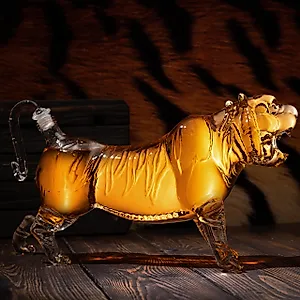 Tiger Decanter 1000ml 11"L Whiskey and Wine Decanter by The Wine Savant 7"H, Tiger Glass Decanter For Whiskey, Scotch, Spirits, Wine, For Whiskey Lovers, Tiger Lovers, Tiger King Gifts