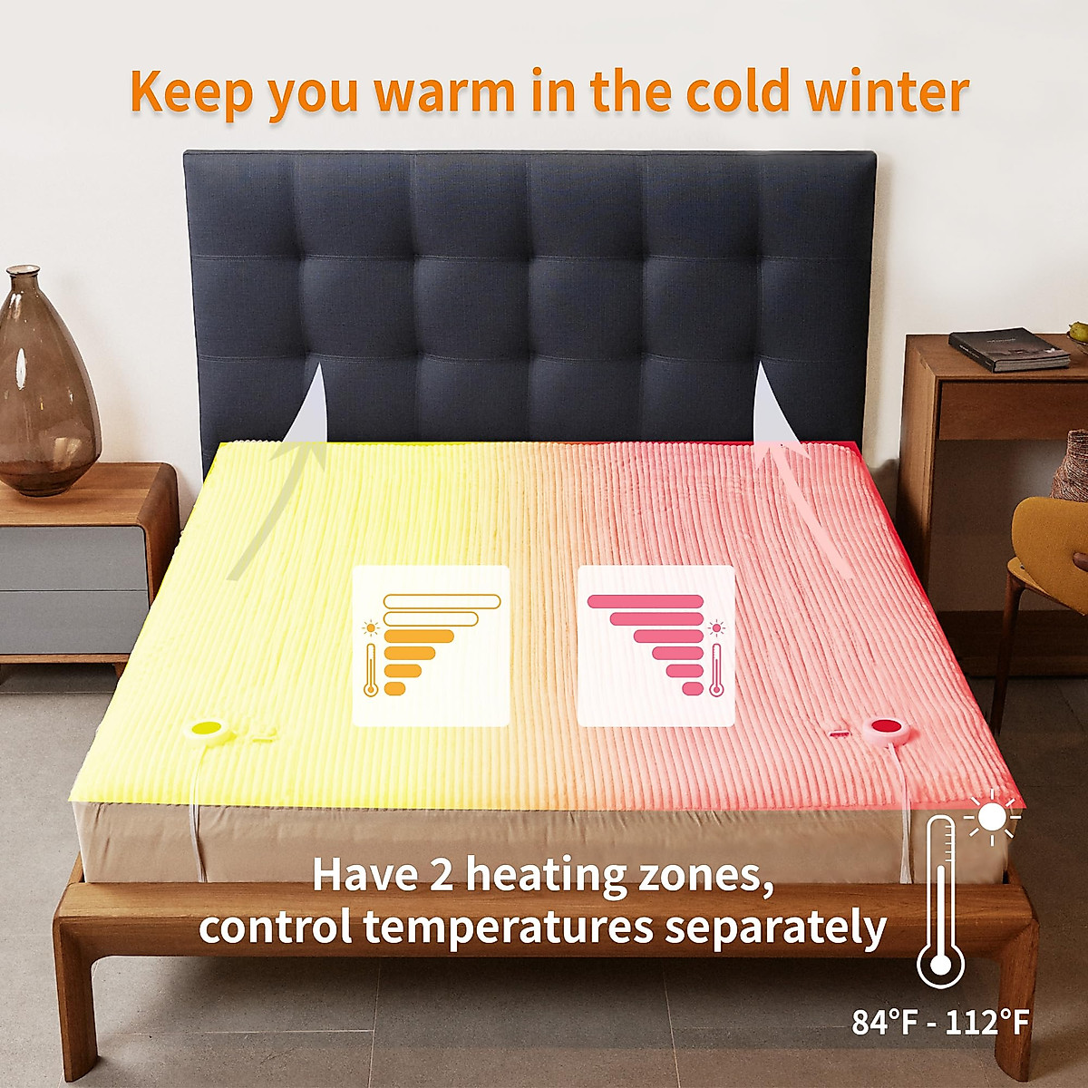 Allyouland Heated Mattress Pad Queen Size Dual Control- Electric Mattress Pad 60x80+15 inches 6 Heat Settings Adjustable 1-10 Hour Auto-Off ETL Certified Fast Heat Overheat Protection Machine Washable