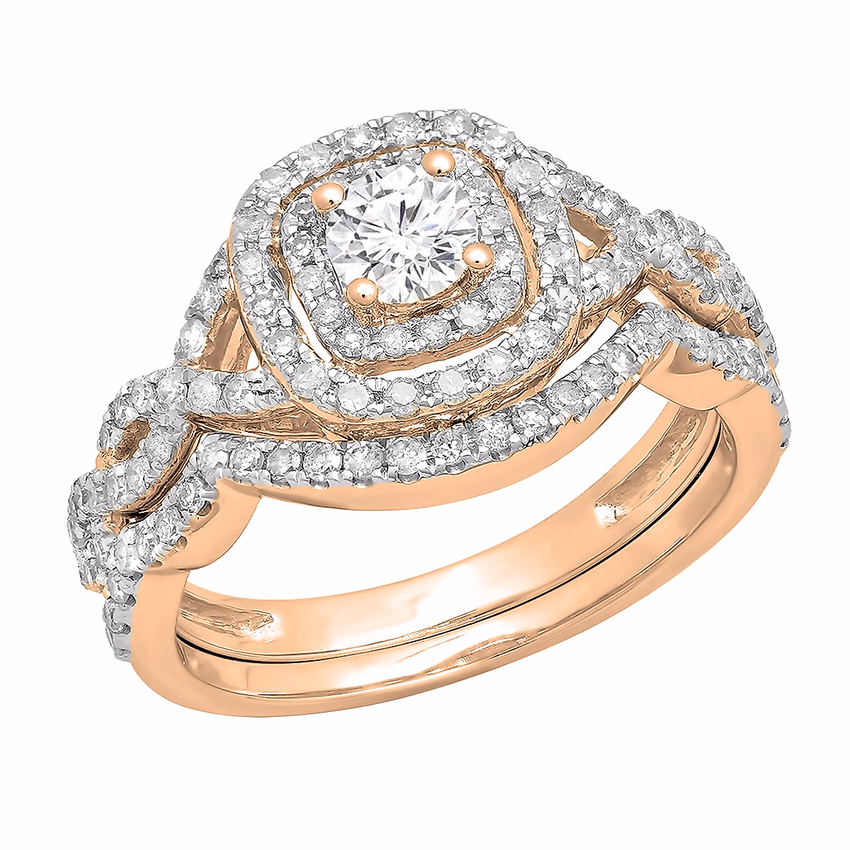 Dazzlingrock Collection 1.00 Cttw Round White Diamond Cushion Shaped Halo Engagement Ring Set for Women in 14K Solid Rose Gold, Size 10