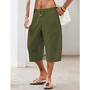 COOFANDY Mens Linen Yoga Pants Casual Elastic Waist Capri Beach Pants Lightweight Harem Pants, Army Green, M
