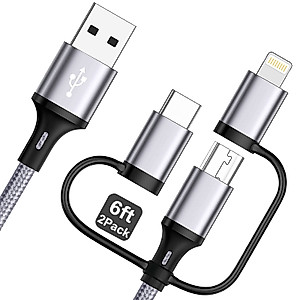 Multi Charging Cable [6ft 2Pack] 3 in 1 USB Charger Cable Nylon Braided Fast Charging Cords Chargers for Multiple Devices with Lightning/Type C/Micro USB/iPhone/iPads/Samsung Galaxy/Ps/Tablets &More