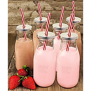 Estilo Glass Milk Bottle with Lid - Milk Glass - Reusable Glass Bottle for Dairy Milk With Straws & Metal Screw On Lids, 10.5 Ounce, Clear, Set of 6