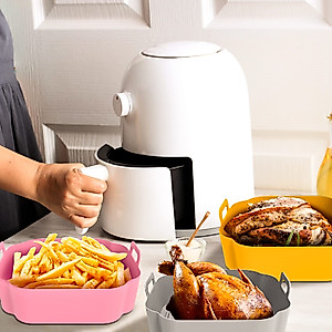 3 Pcs Air Fryer Silicone Liners, Air Fryer Basket 8 inch Square Heat Resistant Reusable Air fryers Silicone Pot for 4 to 7 QT Air Fryer Oven Microwave (Gray+Pink+Yellow)