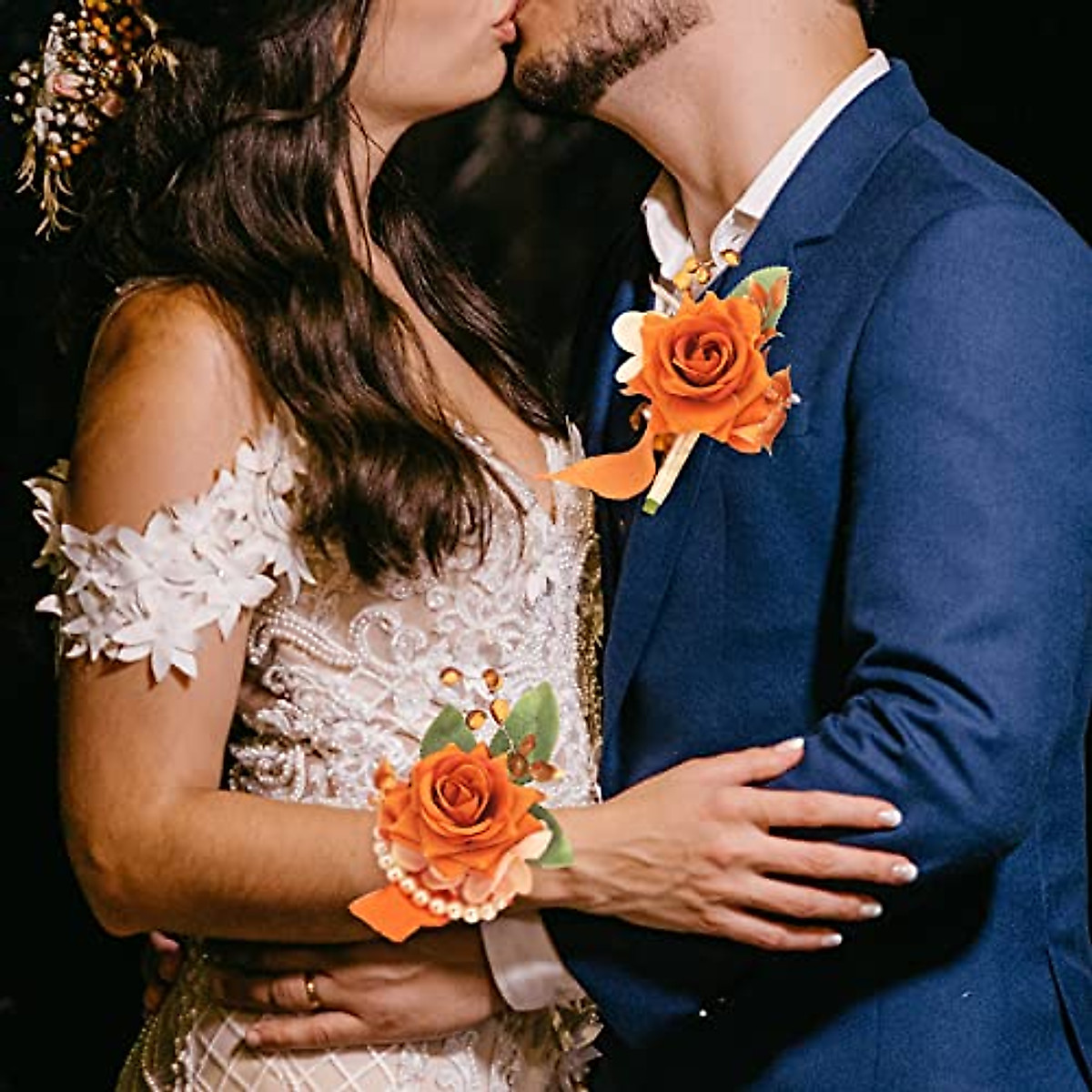 Weslymoo Burnt Orange Rose Wrist Corsage and Boutonniere Set Artificial Prom Flower Corsage Wristlet Band Bracelet and Boutonniere for Men Wedding Accessories Prom Stuff Decorations