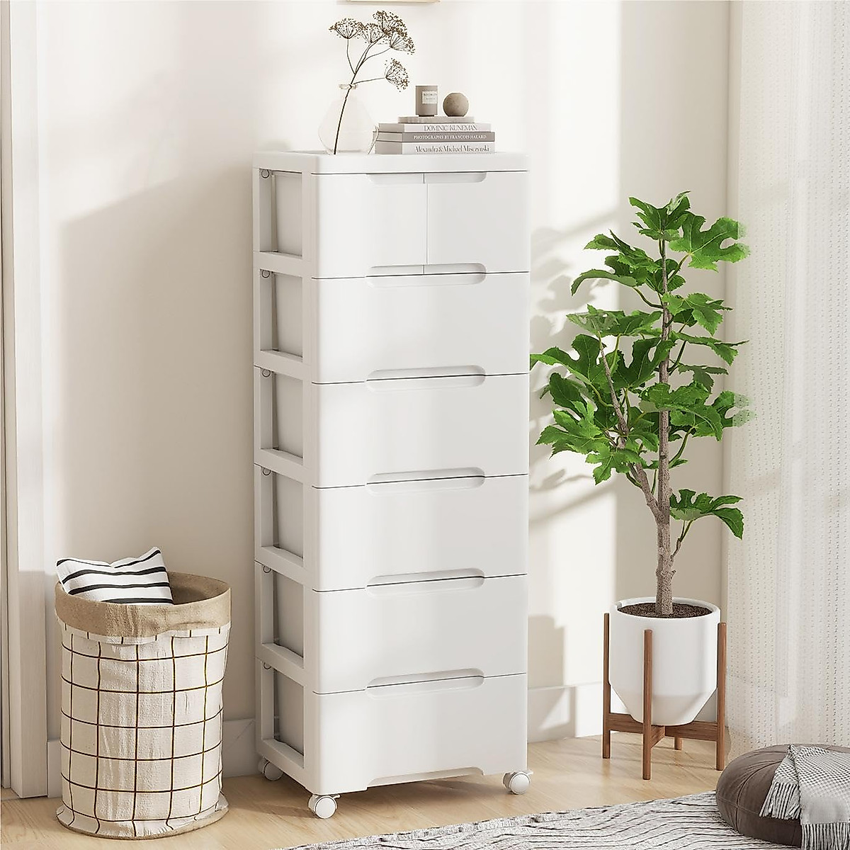 Byroce Plastic Storage Drawer Cart, Mobile Utility Cart, Home Craft Organizer with 7 Drawers & Lockable Wheels, Slim Rolling Storage Cart for Living Room, Bathroom, Dorm & Office (16”L x 13”W x 45”H)