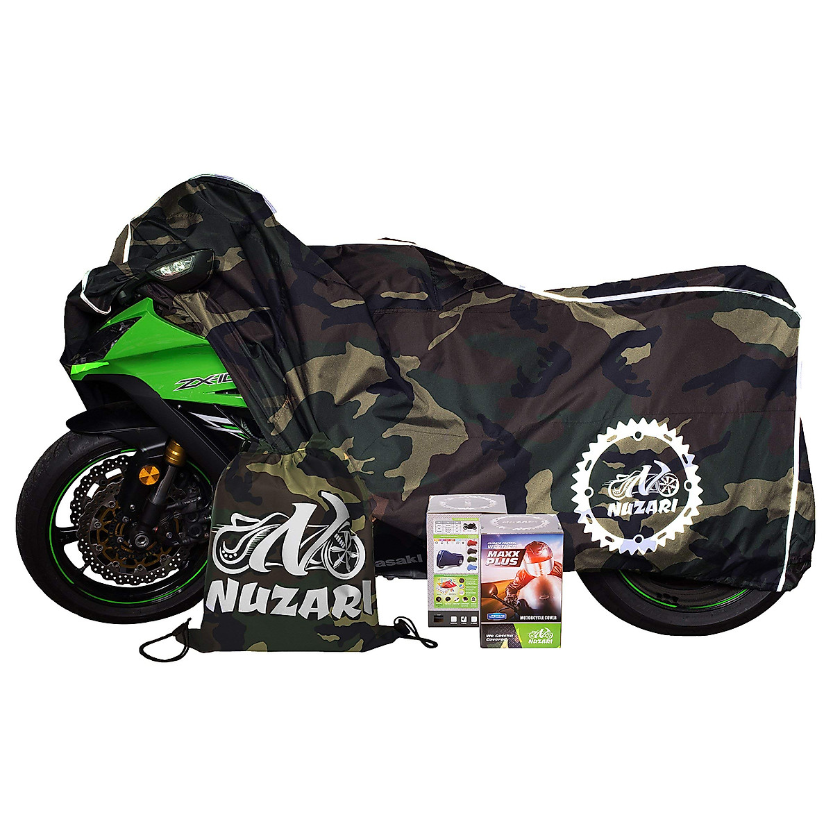 Breathable Motorcycle Cover W/Elastic Bottom. Premium Heavy Duty Outdoor Waterproof All Season Polyester W/Soft Screen Shield. Universal Heat Resistant Lockable Fabric (Camouflage, Medium)