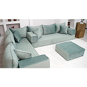 8" Thickness Water Green L Shaped Floor Seating, Moroccan Livingroom Home Decor, Velvet Floor Pillow, Sofa Bed, Corner Arabic Seating (L Sofa + Ottoman)