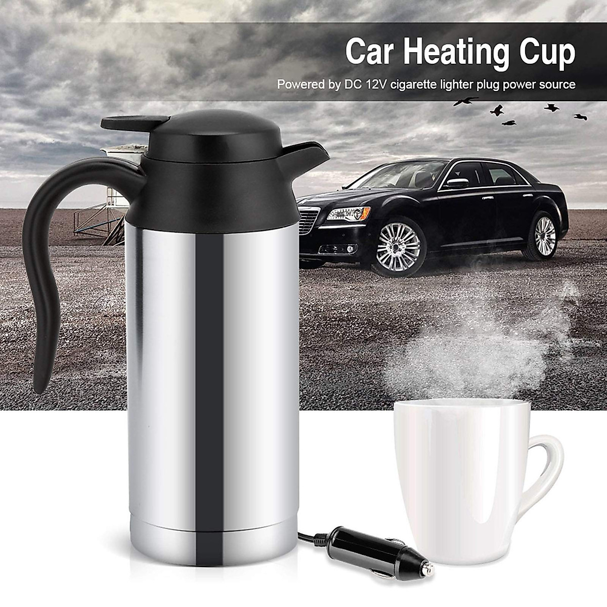 12V 750ml Car Electric Bottle, Stainless Steel Electric Car Kettle Heating Cup Coffee Mug Travel Water Bottle