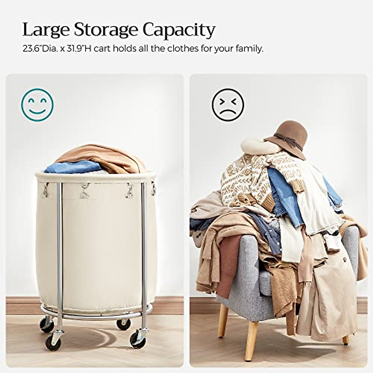 SONGMICS Laundry Basket with Wheels, Rolling Laundry Hamper, Round Laundry Cart with Steel Frame and Removable Bag, 4 Casters and 2 Brakes, Cream and Silver URLS01MZ