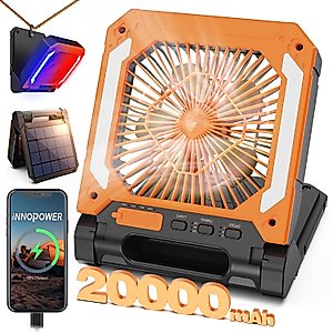 20000mAh Rechargeable Solar Powered Portable Fan with Led Lantern, 3 Speeds Cordless Battery Operated Camping Fan with PowerBank,Timer, Hangble & Quiet Desk Fan for Tent Hurricane Worksite (Orange)