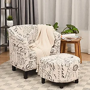 Giantex Modern Accent Chair with Ottoman, Upholstered Barrel Tub Chair and Footrest Set, Linen Fabric Club Arm Chair w/Solid Wood Legs, Ideal for Living Room, Bedroom, Garret