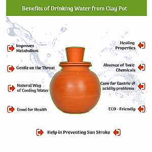 Village Decor Handmade Earthen Clay Water Pot with Lid and Glass (Capacity 4000 ml / 135 oz)