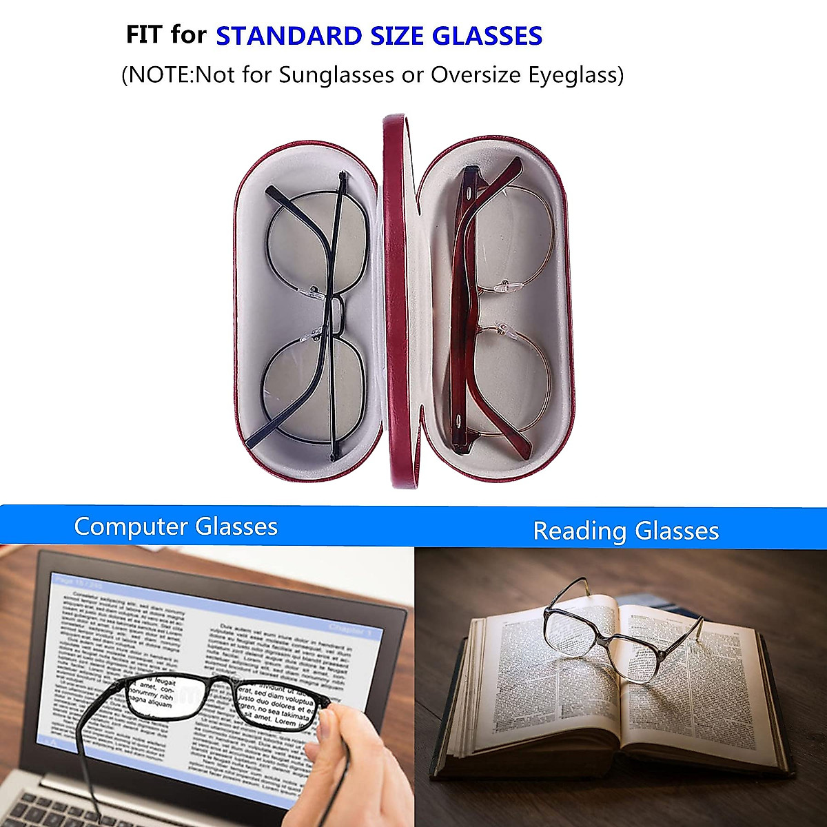 Classic 2 in 1 Glasses Case, PU Leather Hard Shell Eyeglasses Case (Red)