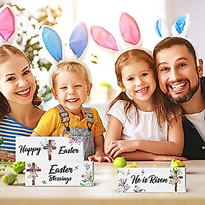 3 Pcs He is Risen Easter Blessings Happy Easter Table Wooden Sign Easter Tiered Tray Decor Religious Easter Tabletop Decorations Flower Cross Sign for Farmhouse Home Spring Easter Decor