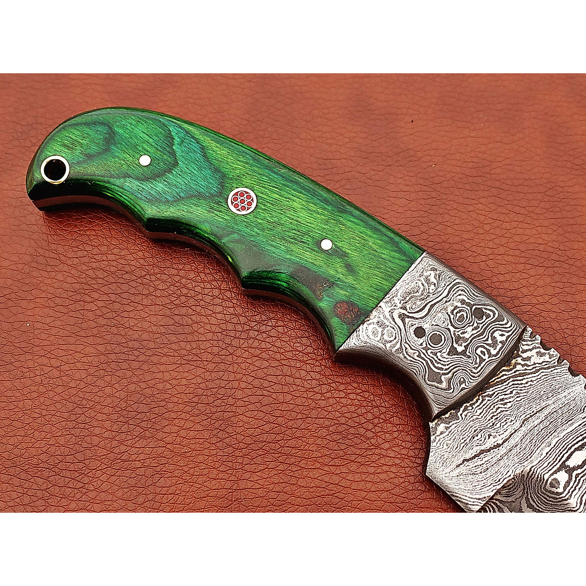 9.5" Hand Forged Damascus Steel Gut Hook Skinning Knife, Green Wood Scale with Damascus Bolster, Full Tang Blade Twist Pattern Drop Point Blade, Cow Hide Leather Sheath
