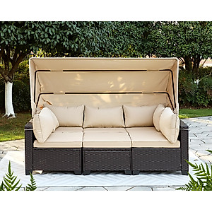 TITIMO 6 Pieces Patio Furniture Set Outdoor Conversation Set Daybed with Retractable Canopy, Patio Sectional Rattan Sofa Set with Adjustable Backrest for Poolside Backyard (Beige) (Beige)