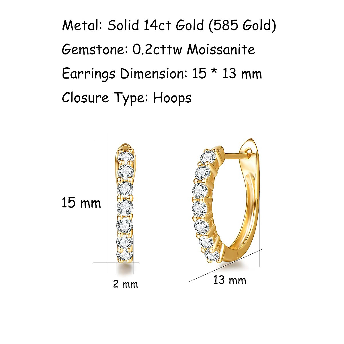 FANCIME 14k Solid Yellow Gold Round Cut Prong 1/5cttw Moissanite Hoop Earrings Huggie Hoop Earrings Dainty Fine Jewelry Gifts for Women Her D-E Color VVS Clarity - 15mm