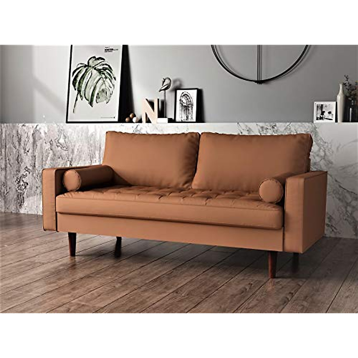 Container Furniture Direct Womble Mid Century Modern Couch with Bolster Pillows, PU Leather Upholstered Tufted Seat, Versatile Retro Design for Comfortable Living Spaces, Sofa, Coffee Brown