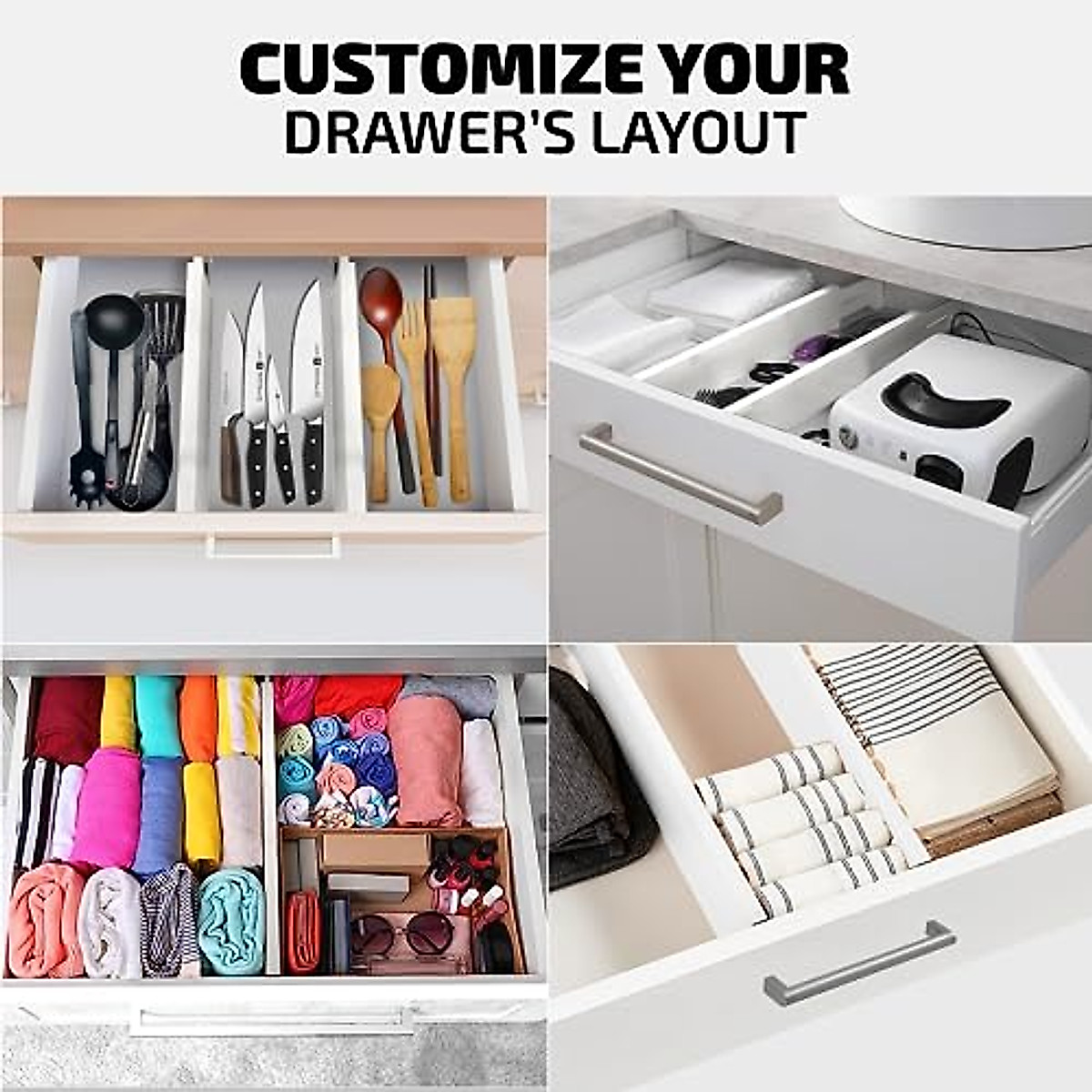 Bambüsi 4 Pack Drawer Divider - Bamboo 2.6" High, 12.5-17" Adjustable Drawer Organizers for Clothes, Expandable Dresser Separators in Bedroom/Bathroom/Kitchen/Office Organization and Storage (White)