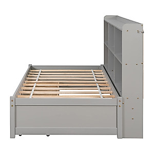 Twin Size Captain Bed with 2 Storage Drawers Wood Day Beds with Side Bookcase, Twin Bed Frame for Kids, Boys, Girls & Teens, No Box Spring Needed, Grey